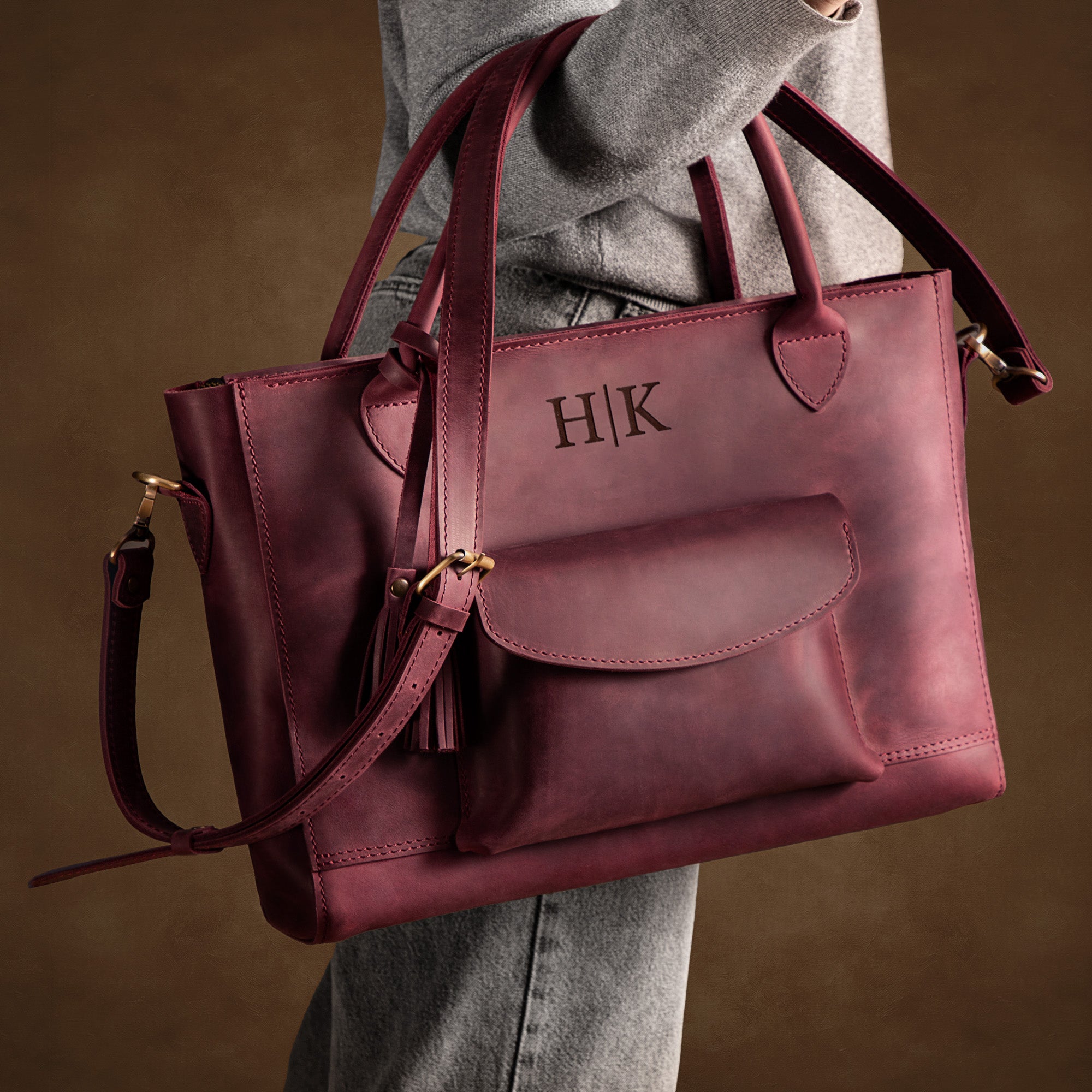 Personalized Leather Laptop Tote for Women | Custom Work Bag with Mono ...